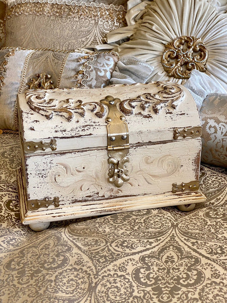 Hand Carved Wood Treasure Chest Box Vintage White – Reilly-Chance ...